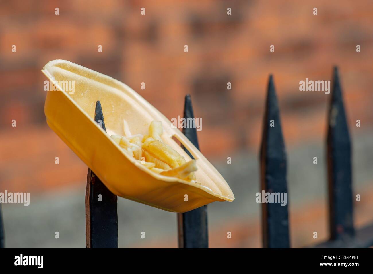 Littering a Carton of chips (fries) discarded by spearing onto sharp ...