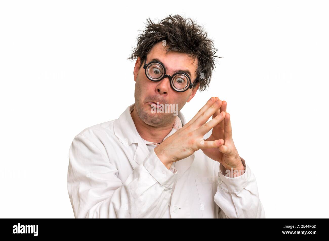 Crazy scientist with glasses thinking about his experiment isolated on ...