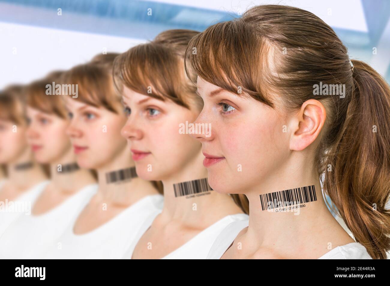 A lot of women in a row with barcode on neck - genetic clone concept ...