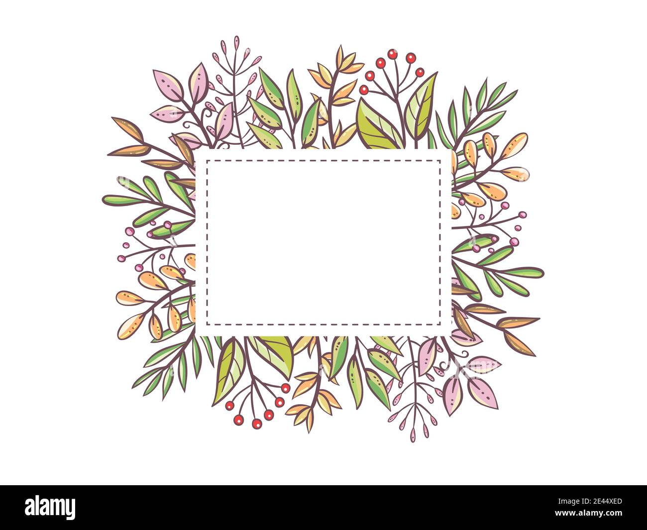 Cute leaves frame template. Hand drawn leaves and berries with an ...