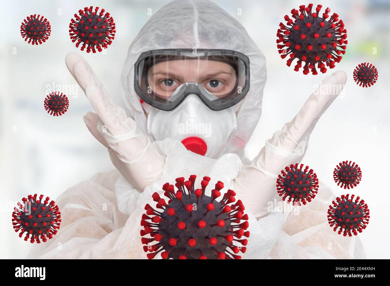Scientist with FFP3 respirator mask is showing STOP gesture - STOP ...