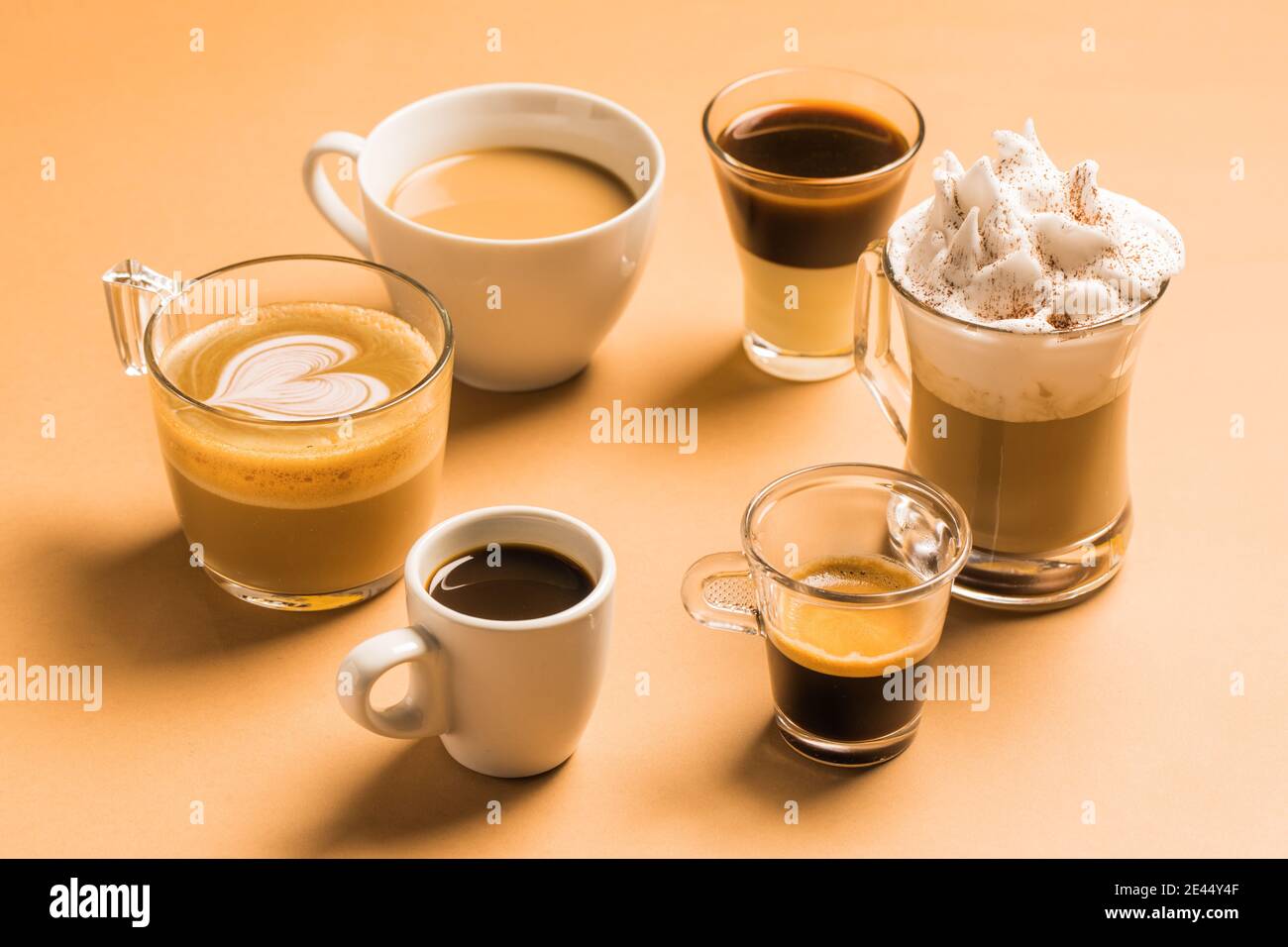 High angle set of different classic kinds of aromatic coffee drinks ...