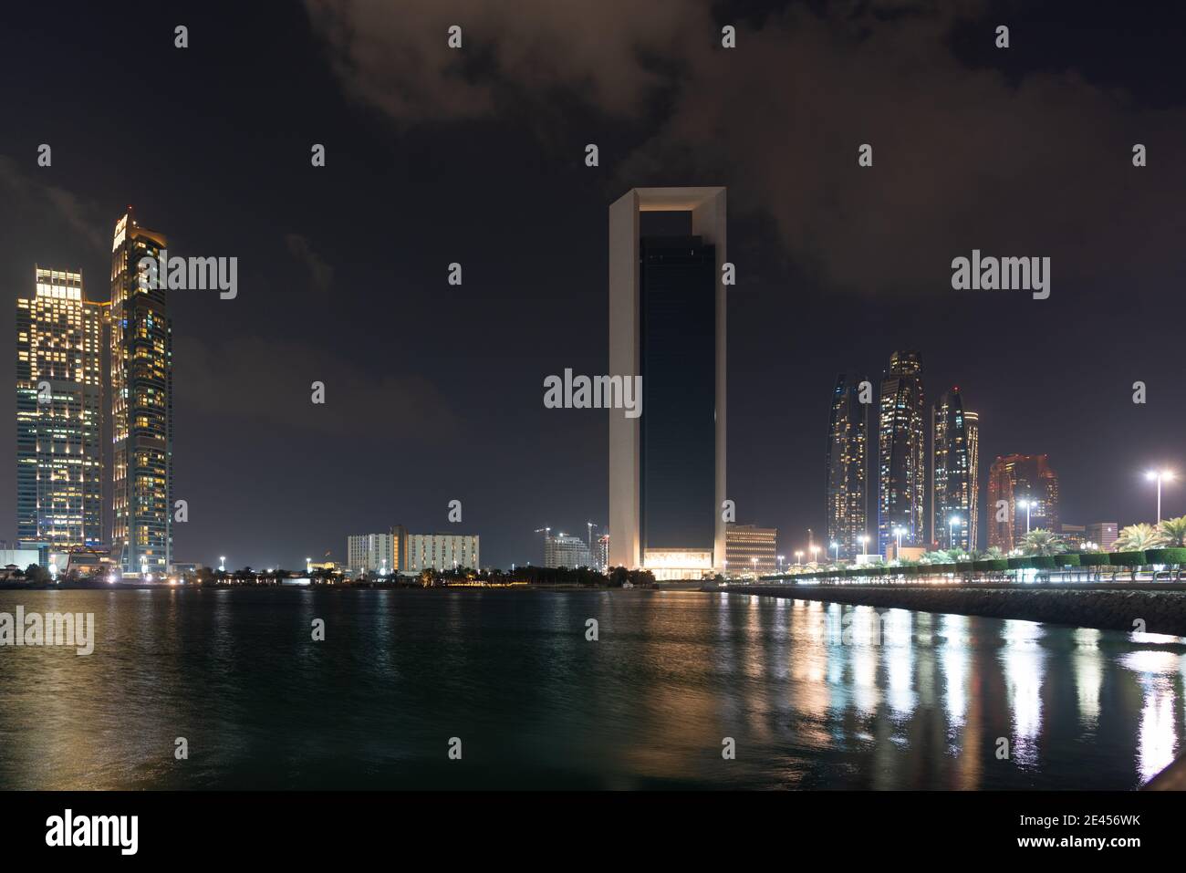 Beautiful view of Abu Dhabi city from the corniche beach, famous towers ...