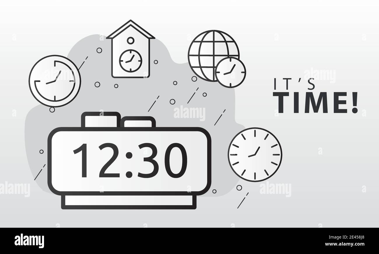 bundle of time clocks line style set icons and lettering vector ...