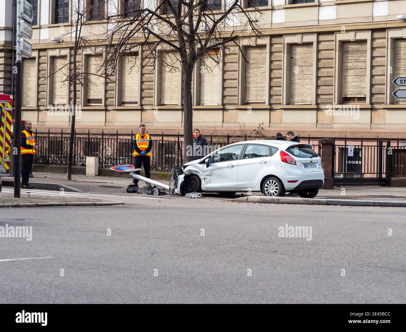 Strasbourg, France - Feb 2019: PEople looking surveilling the accident ...