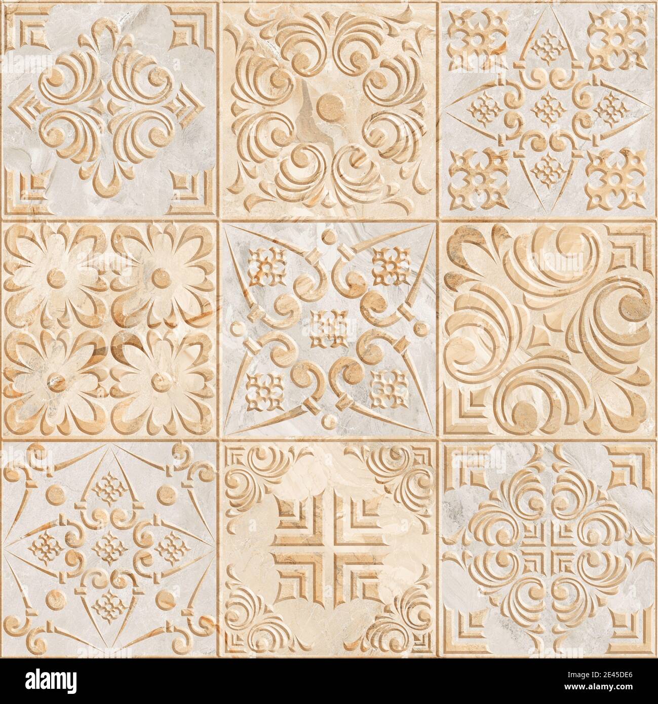 Digital tiles design. 3D render Colorful ceramic wall tiles decoration ...