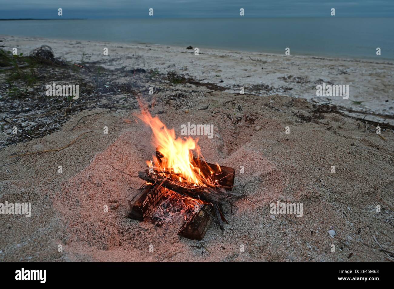 Campfire on beach at dusk on Middle Cape Sable in Everglades National ...