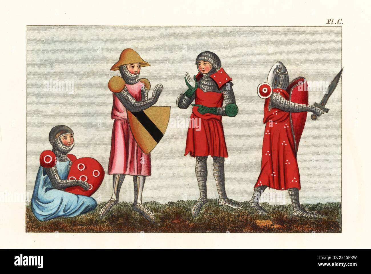 Military habits of the 14th century. Soldiers in chainmail hauberks and ...