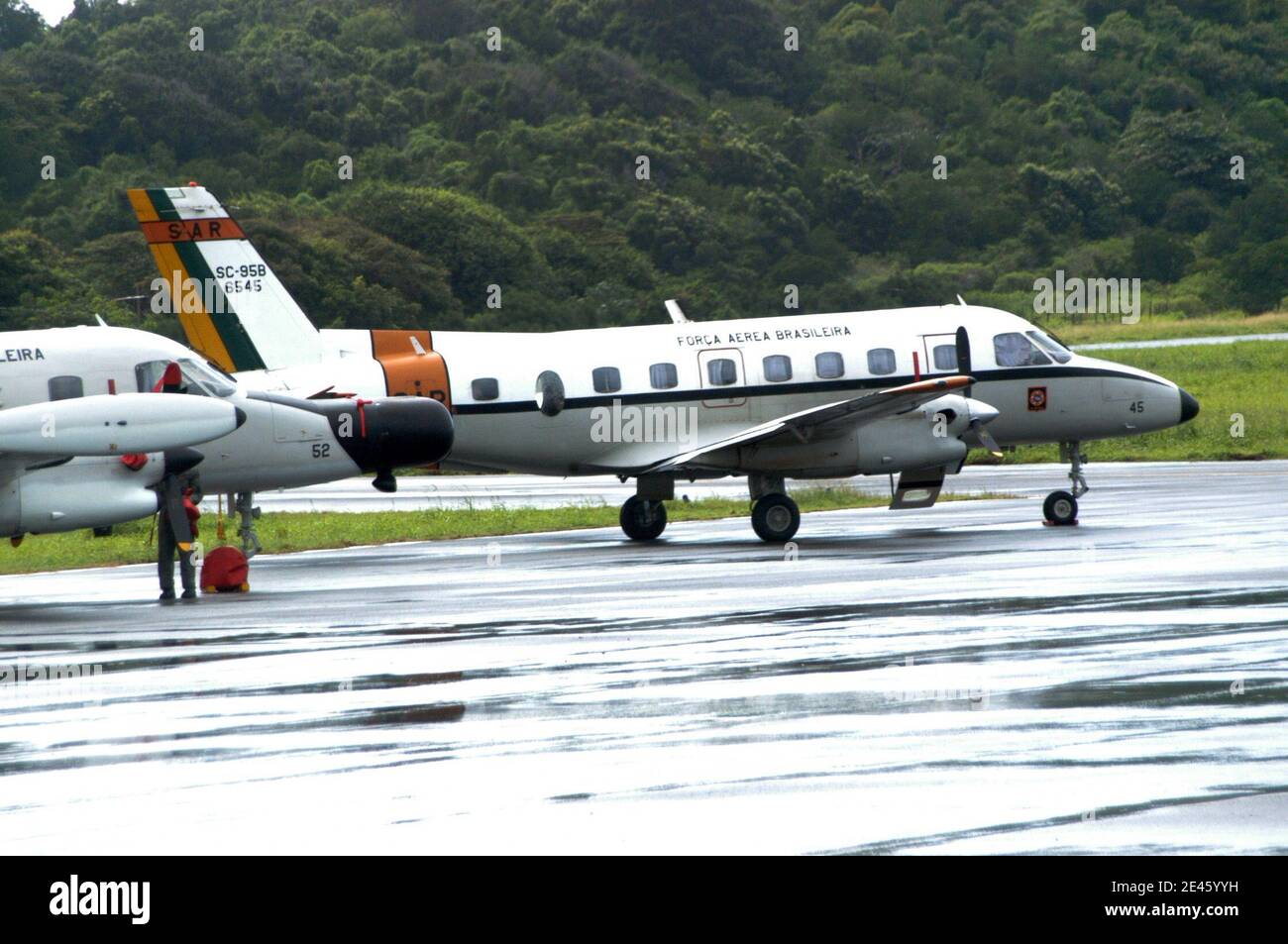 Planes are seen in the military base of Fernando de Noronha island ...