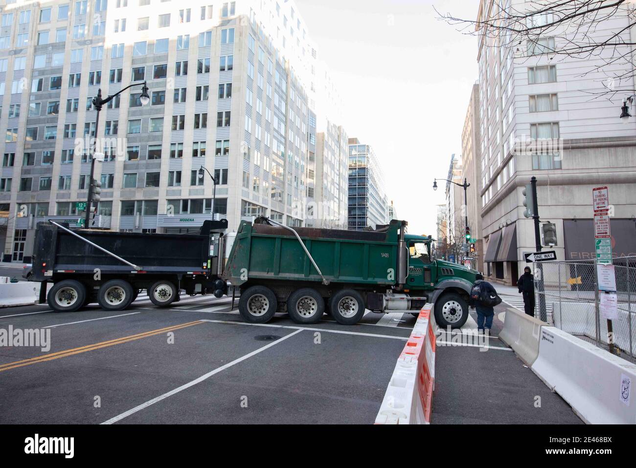 Two dump trucks block entry at 12th and H Streets during Inauguration ...