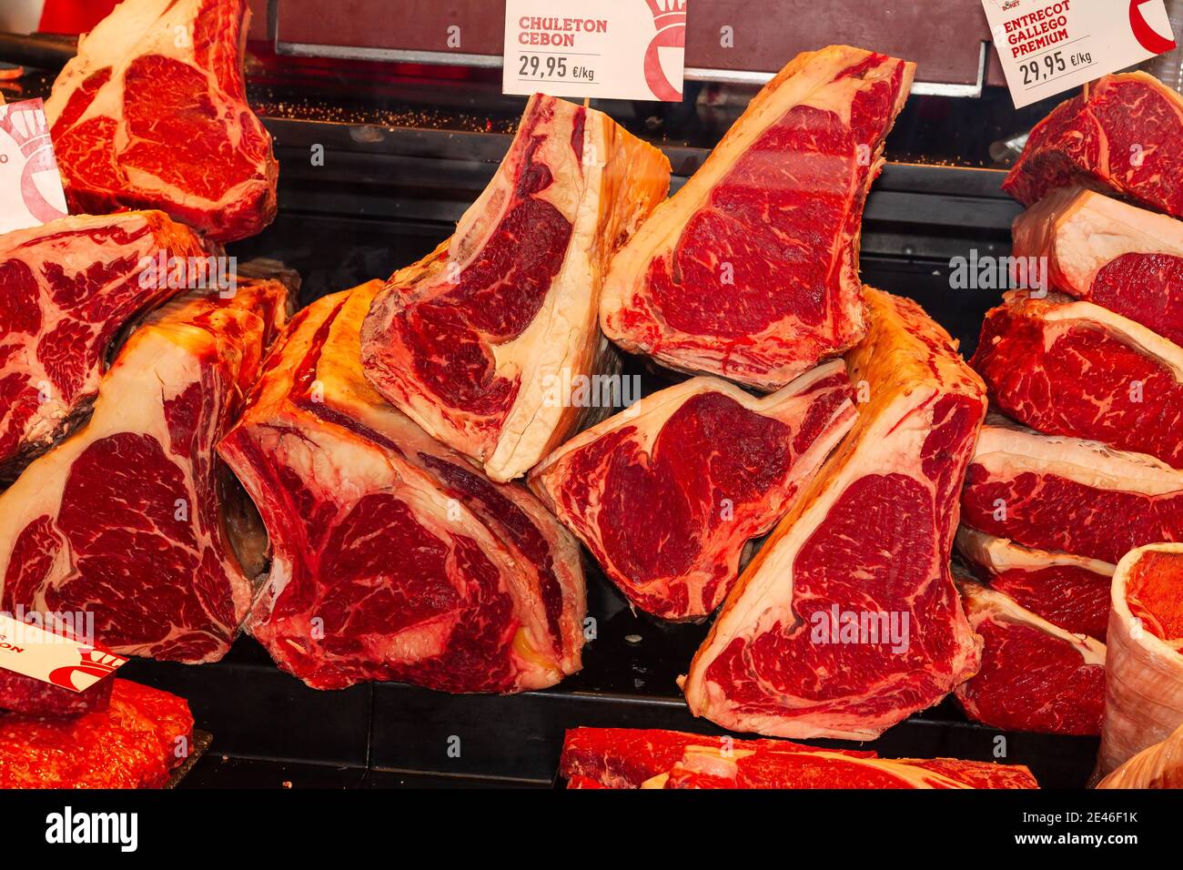 Galician and Basque beef steaks in Boqueria market, Barcelona, Spain ...
