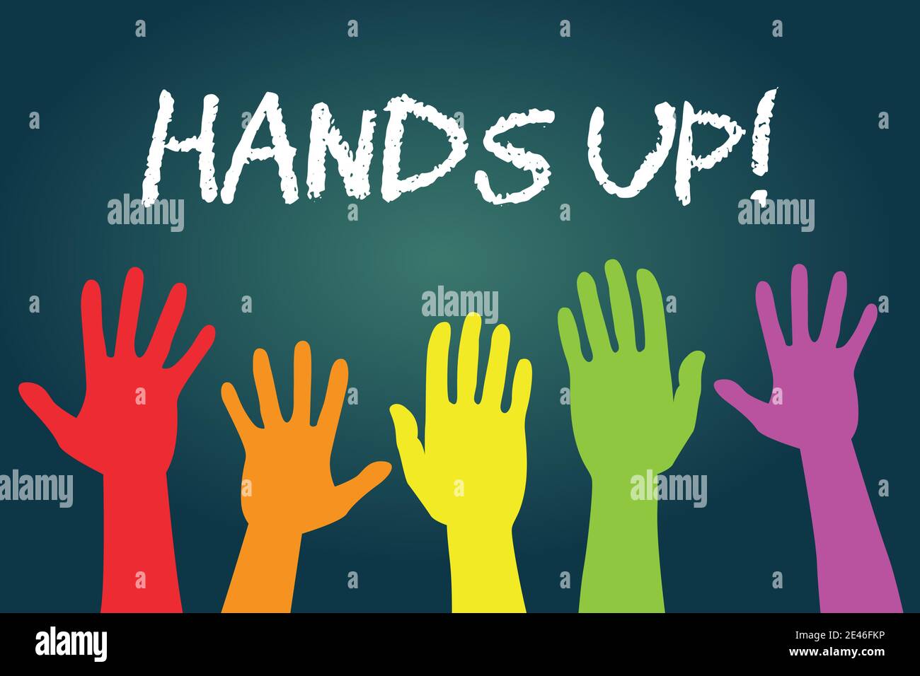 Hands up text on blackboard or chalkboard with multicolor human hands ...