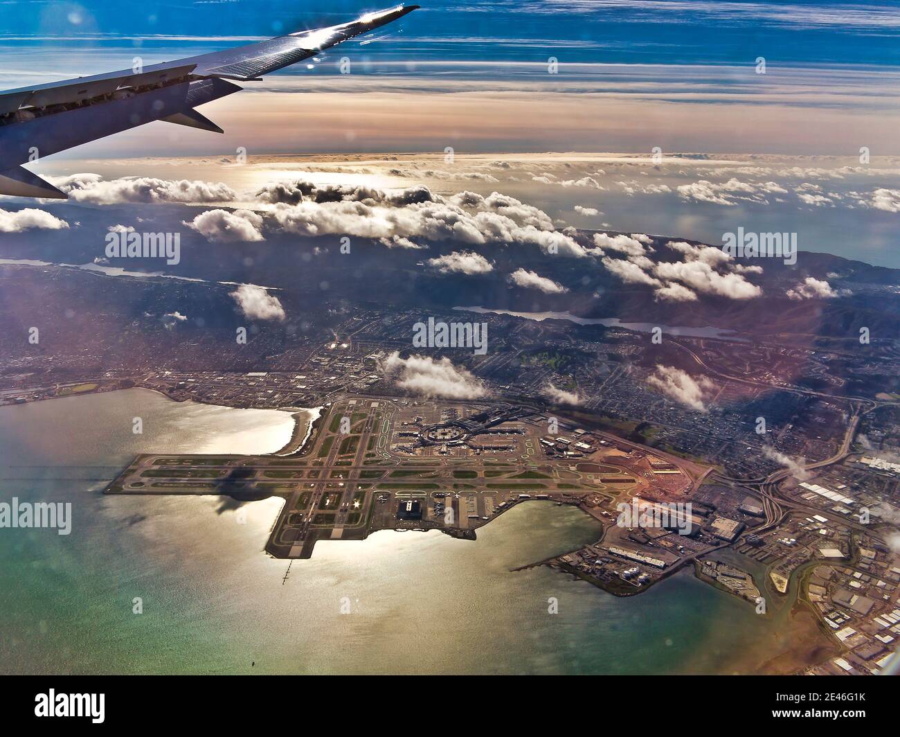 Aerial view of San Francisco Airport, (SFO) and beyond to the Pacific ...