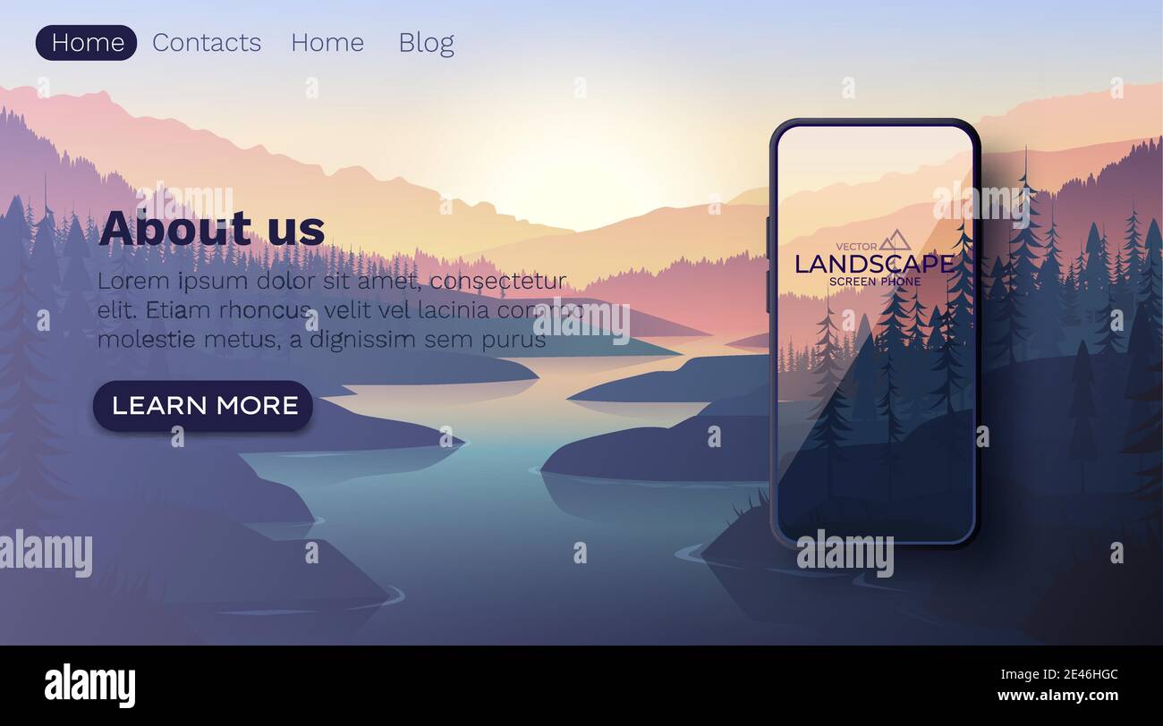 Landscape with silhouettes of mountains and Mountain river. Nature ...