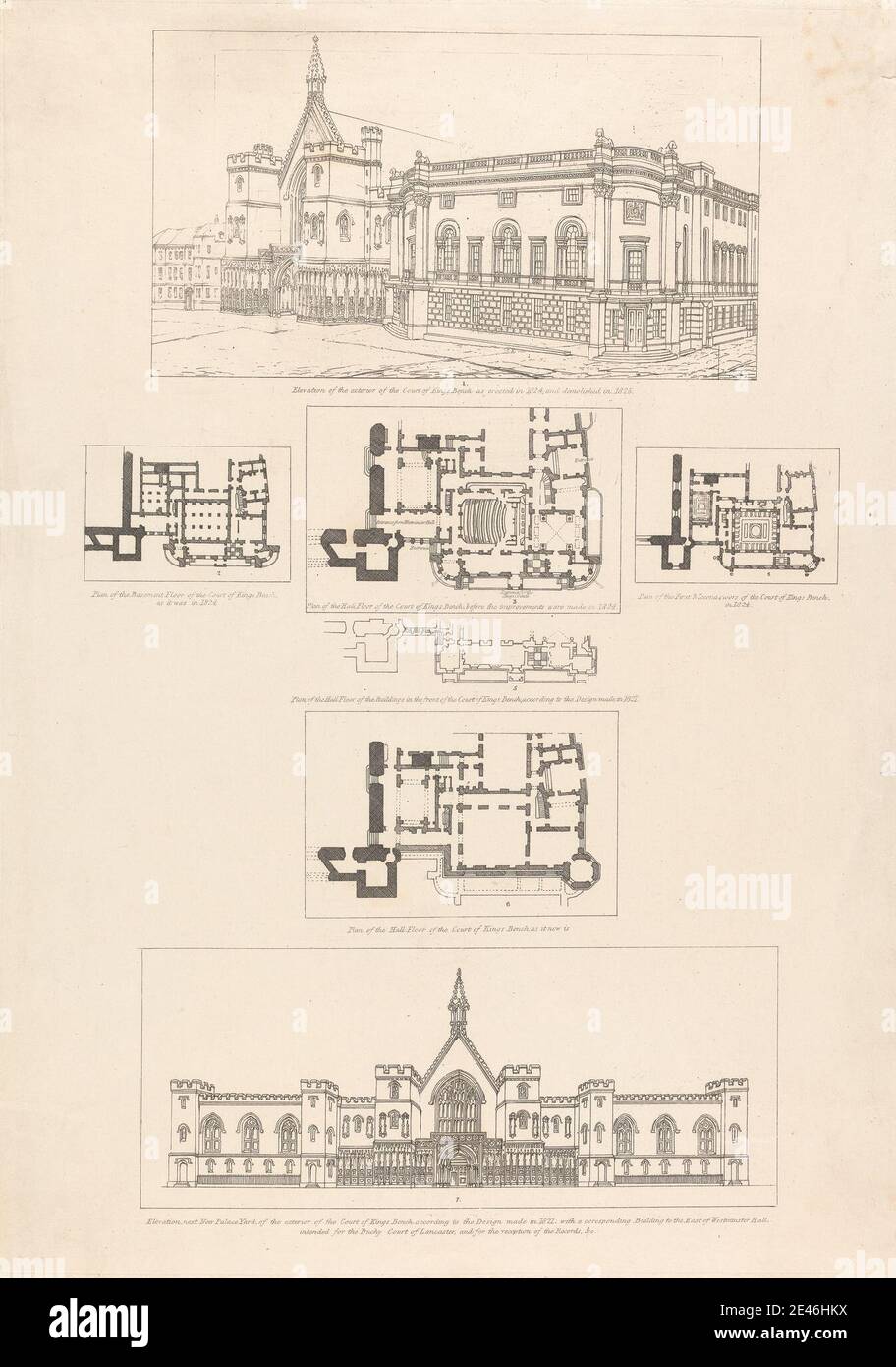 Print made by unknown artist, Elevations and Plans of the Court of ...
