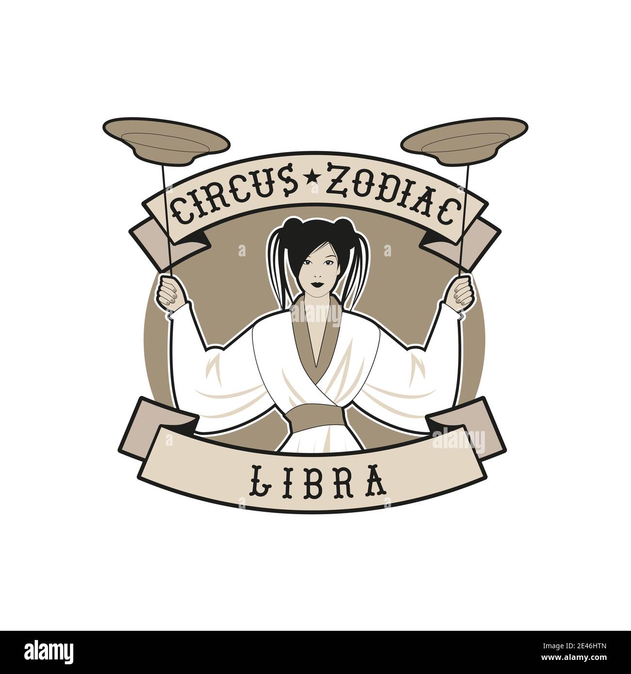 Zodiac Circus Emblem. Libra sign. Oriental girl juggling dishes on a ...