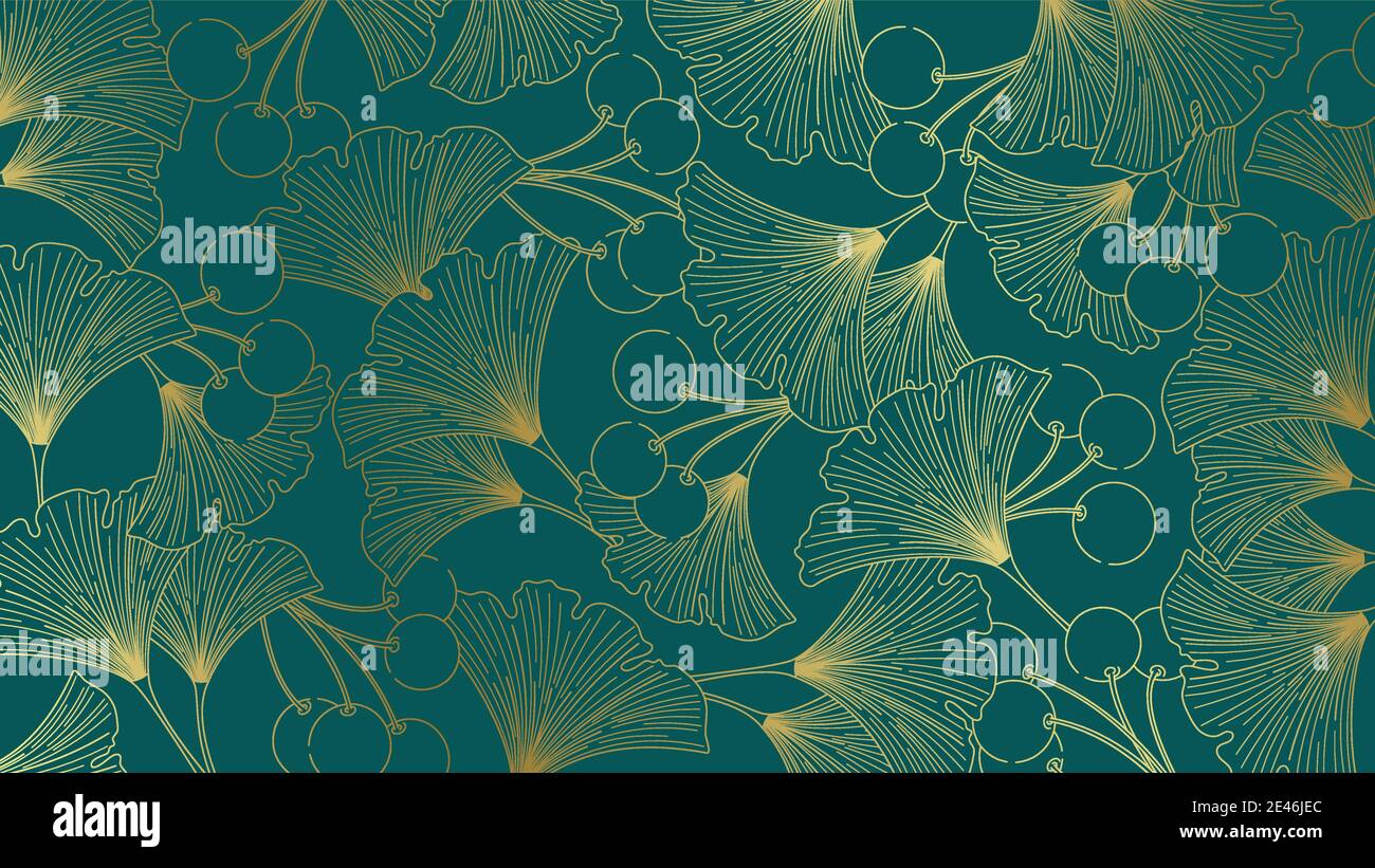 Luxury elegant lineart emerald green background with golden ginko ...