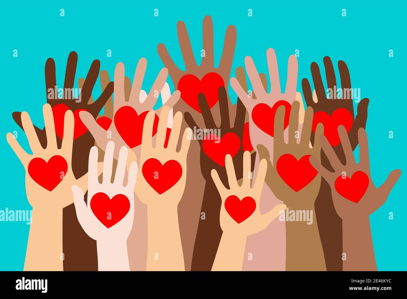 crowd of human hands up with heart in the palm isolated vector concept ...