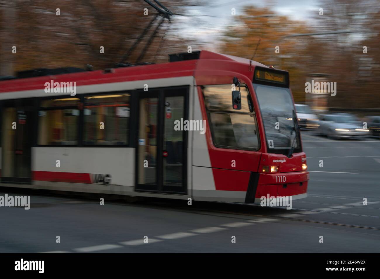 NUREMBERG, GERMANY - Nov 30, 2020: A tram drives fast through the city ...