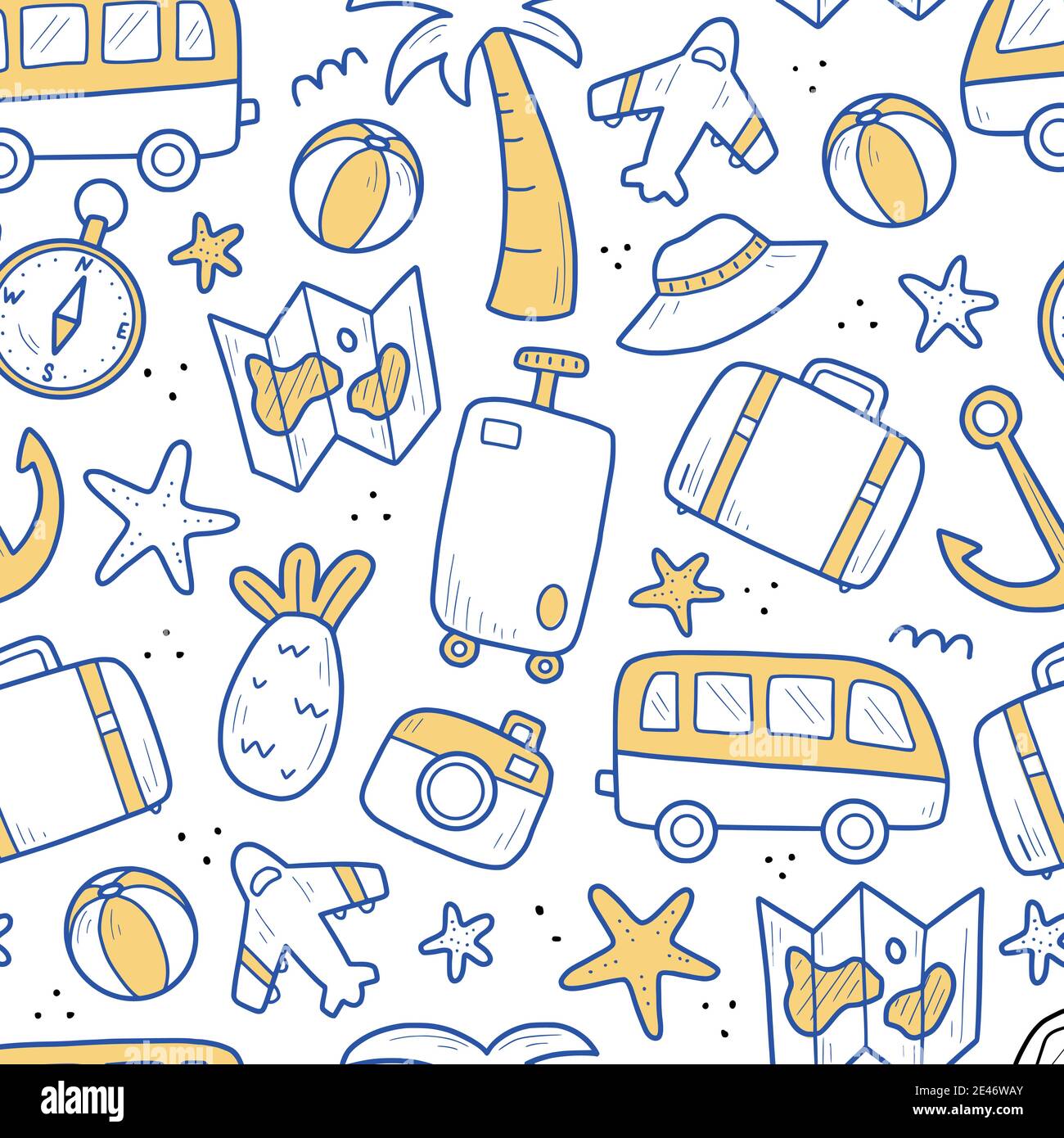 Hand drawn seamless pattern of travel summer vacation elements, luggage ...