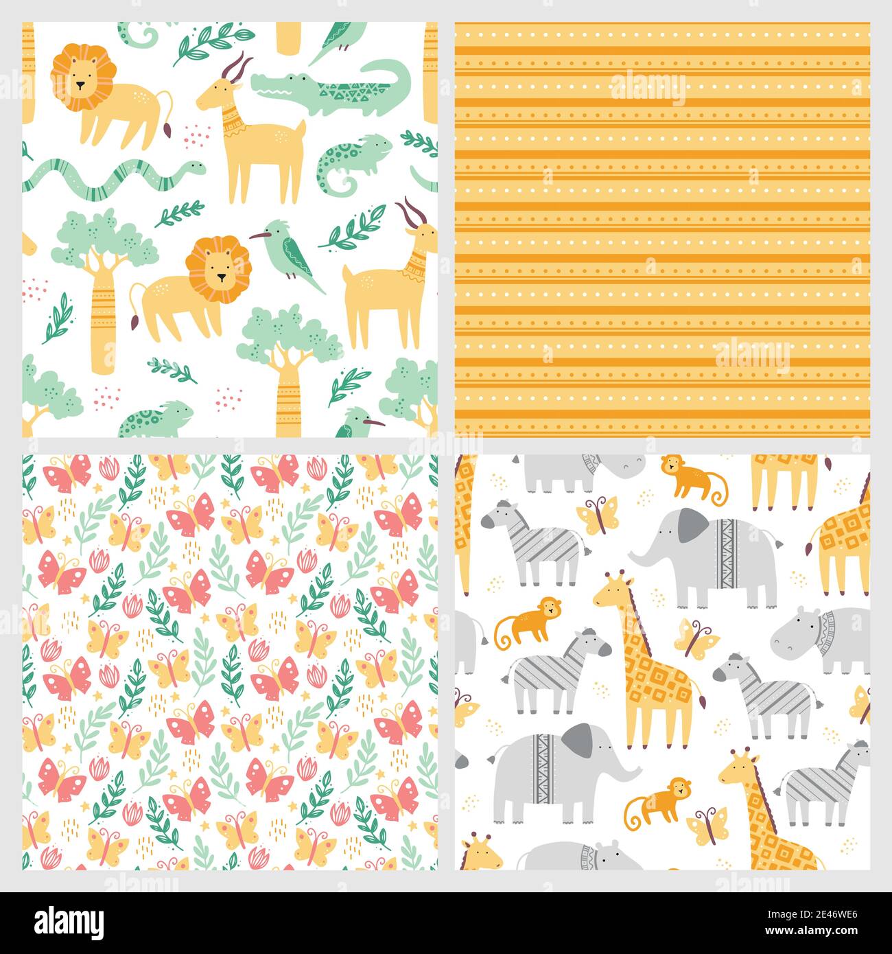 Set of seamless pattern with cute african zoo animals. Flat and simple ...