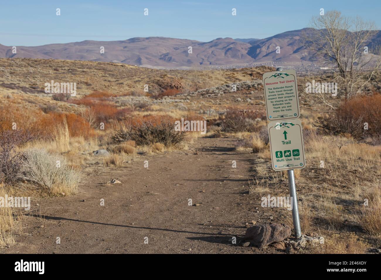 RENO, NEVADA, UNITED STATES - Jan 10, 2021: A multi use trail sign ...