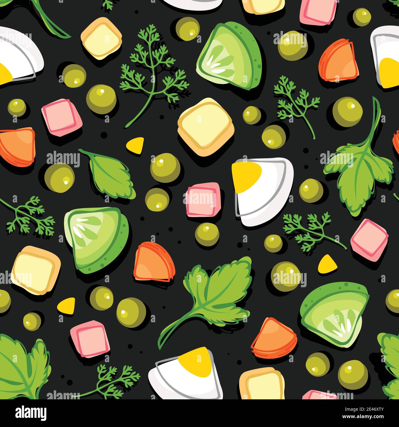 seamless pattern of ingredients of olivier salad, scattered vegetables ...