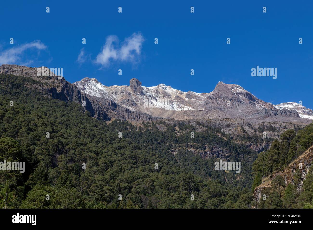 Landscape of the Iztaccihuatl Mountain covered in greenery under a blue ...