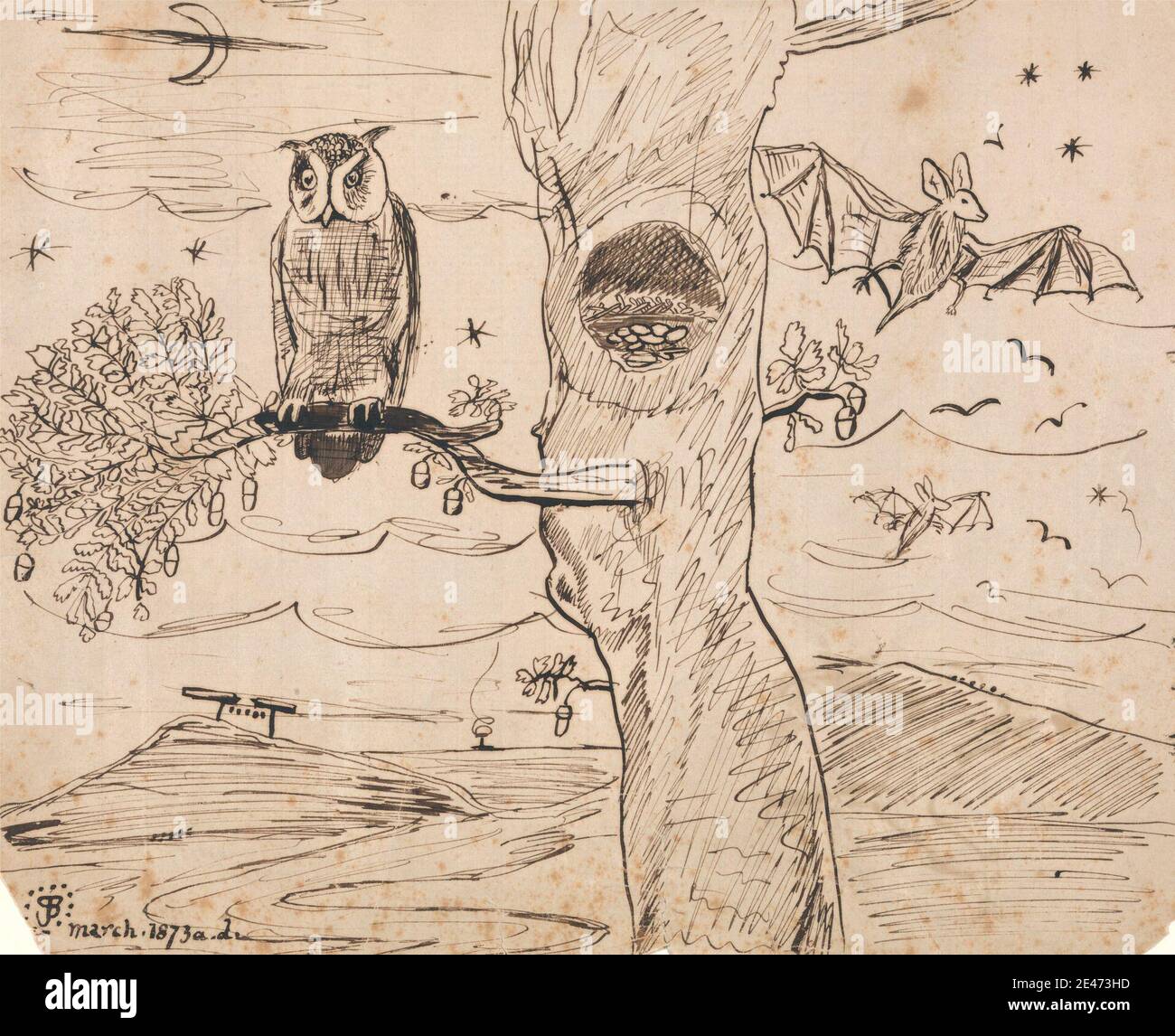 unknown artist, (J. B.), Landscape with Owl and Bats, 1873. Pen and ...