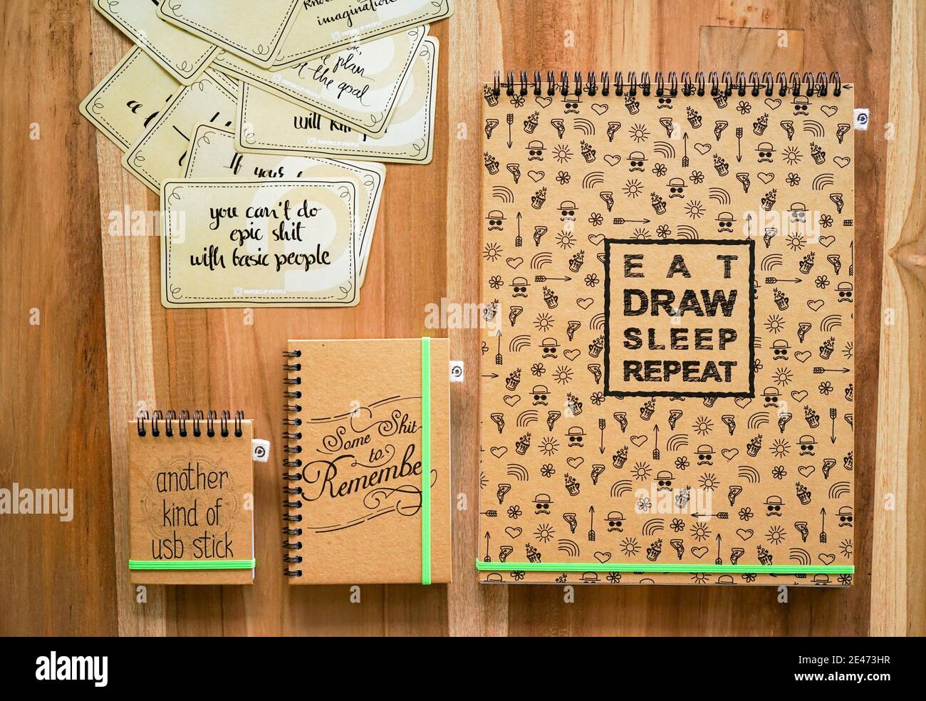Lots of notebooks on wooden table and top view Stock Photo - Alamy