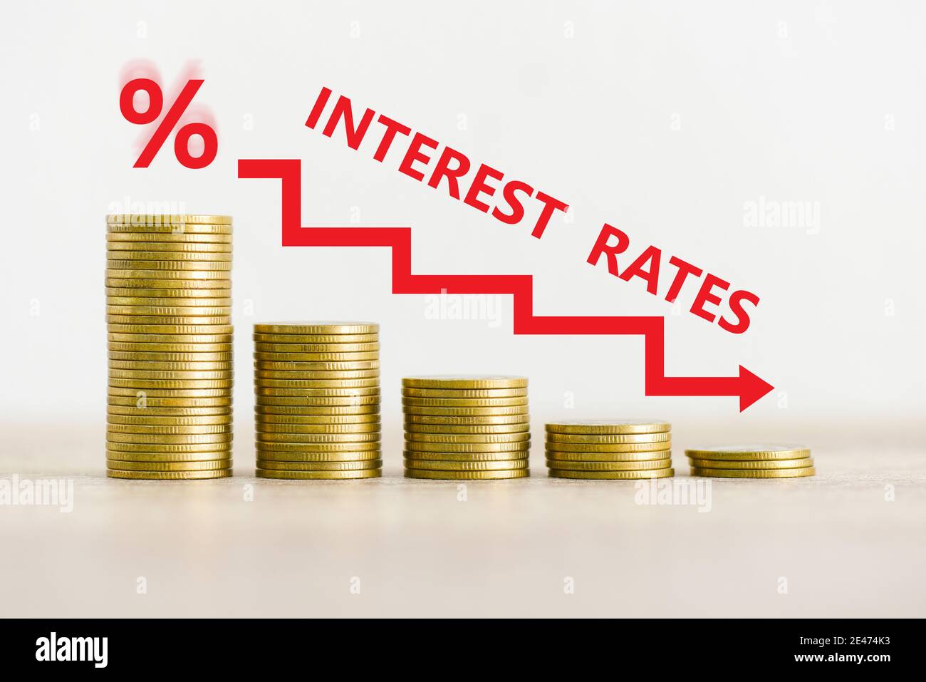 Interest rate financial and mortgage rates concept, stack of coin ...