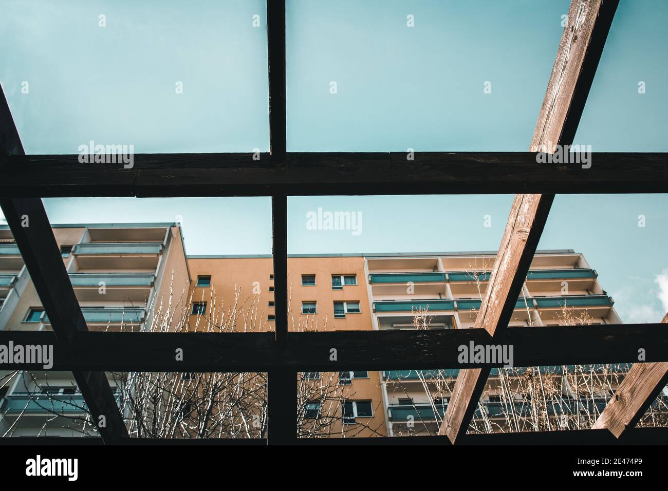 Wooden carcass of a building under the clear blue sky Stock Photo - Alamy
