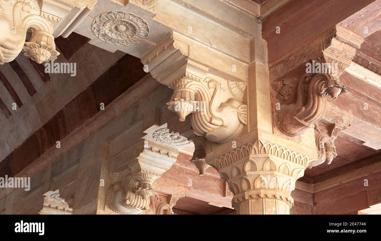 JAIPUR, INDIA - MARCH 22, 2019: elephant decorations on columns at the ...
