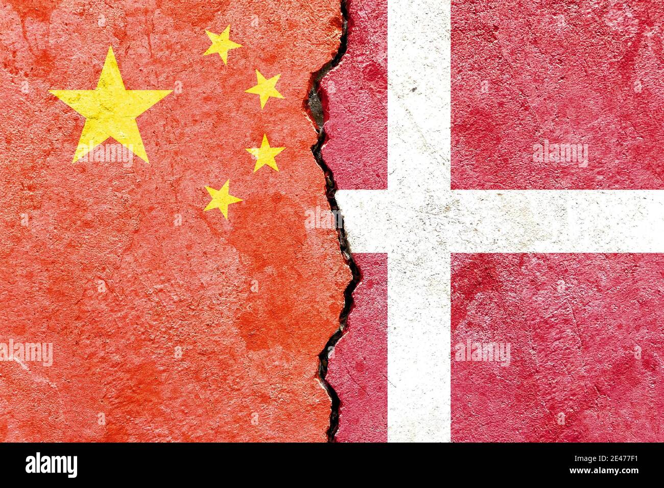 China VS Denmark national flags on cracked concrete wall - political ...