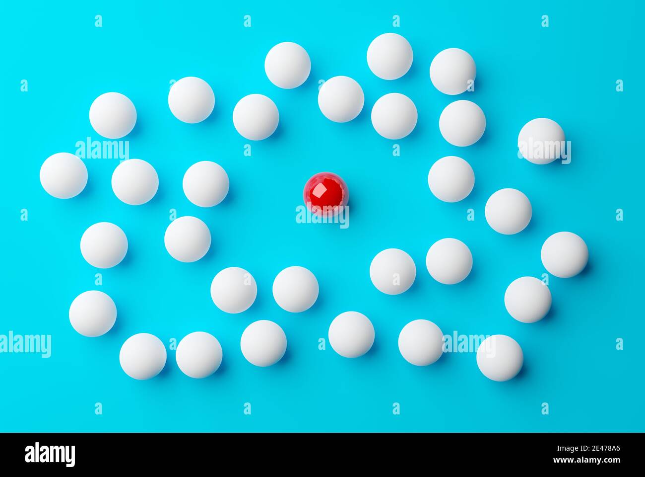 Single red sphere in the middle of group or team of white spheres over ...