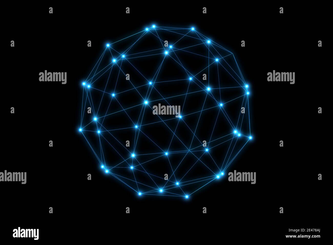 Blue grid network sphere with glowing nodes over black background ...
