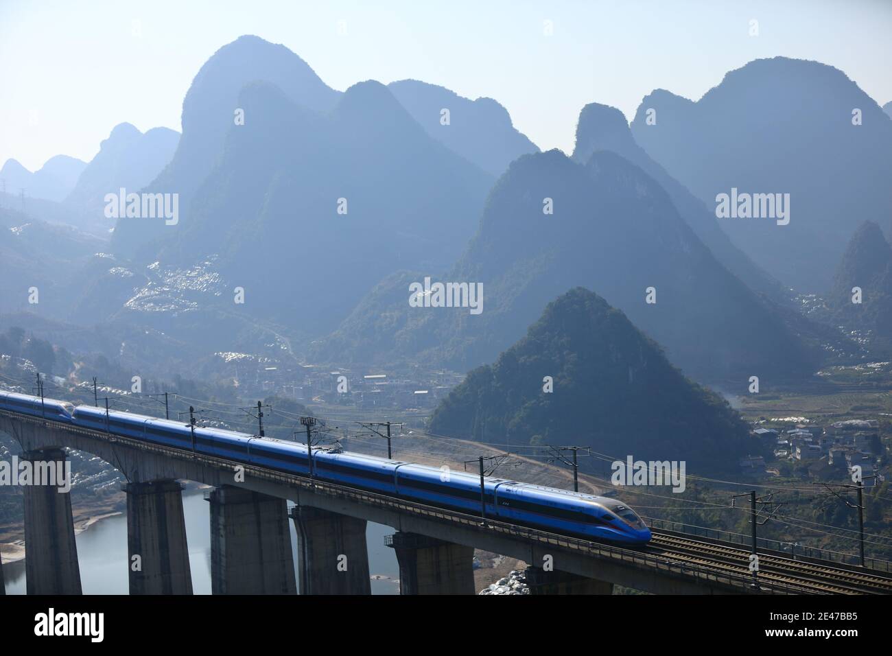 An aerial view of a train of Fuxing Hao, a series of high-speed and ...