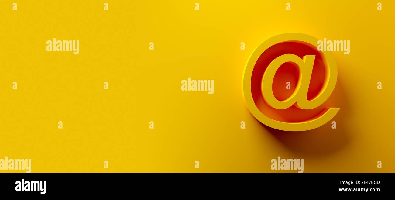 Yellow e-mail at symbol on yellow background banner flat lay top view ...