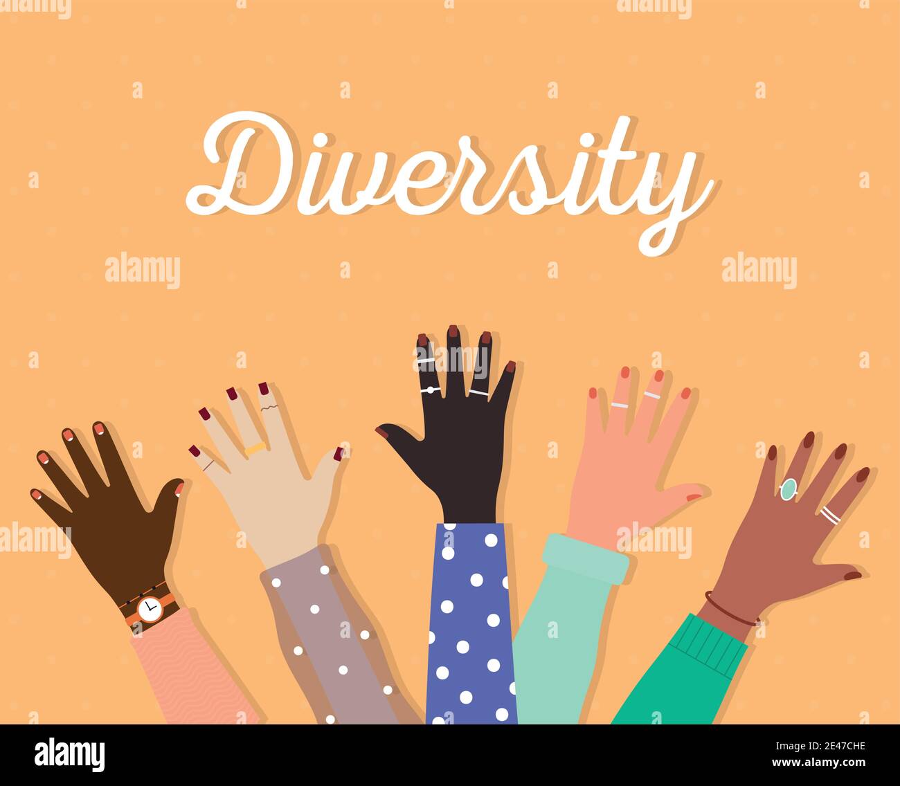 diversity lettering and set of arms with one hand and colored nails on ...