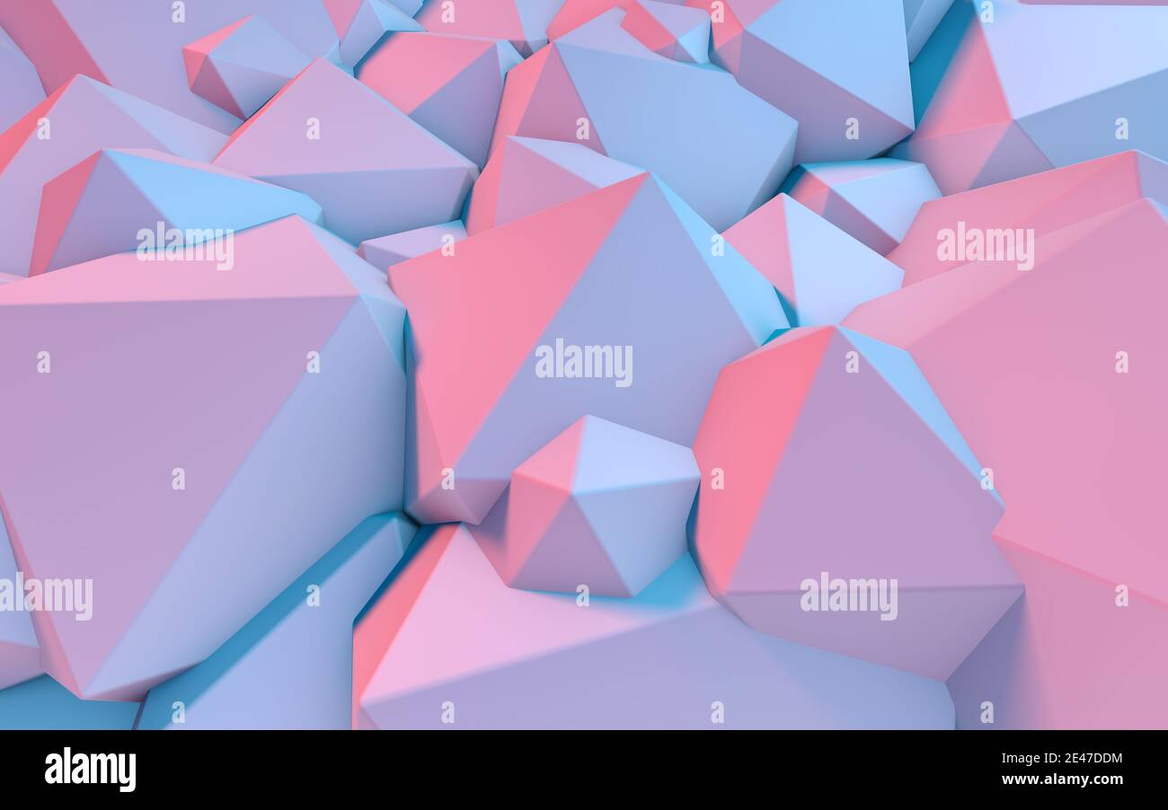 Abstract background with 3D shapes flying in pink and blue light as a ...