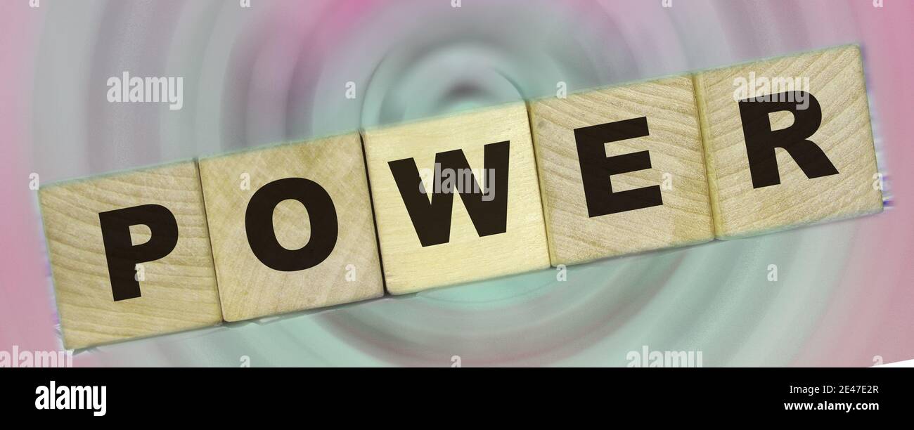 POWER message word on a wooden cube blocks with a ocean beach ...