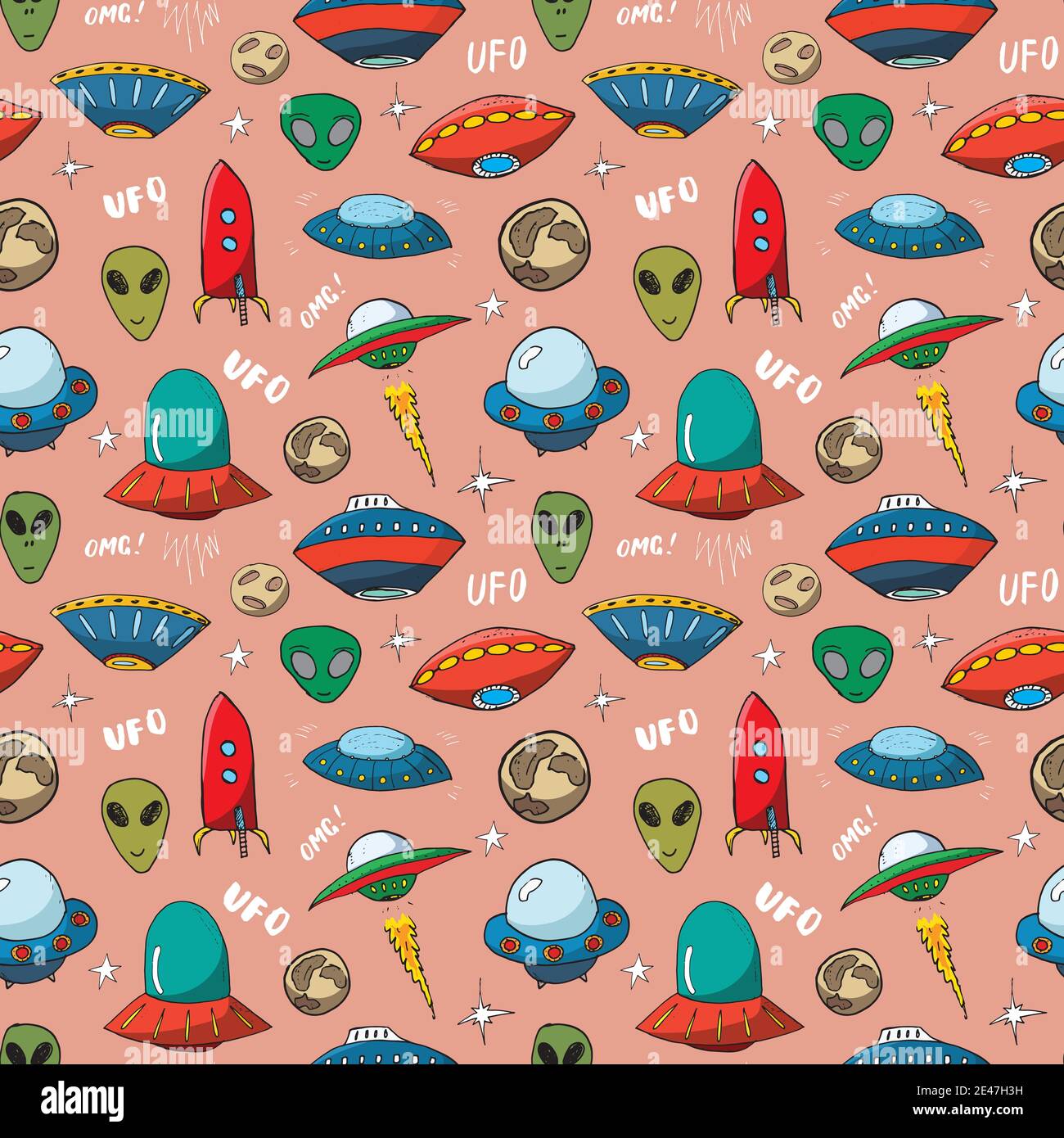 Ufo and aliens Seamless pattern. Cute Doodles space ships sketch. Hand ...