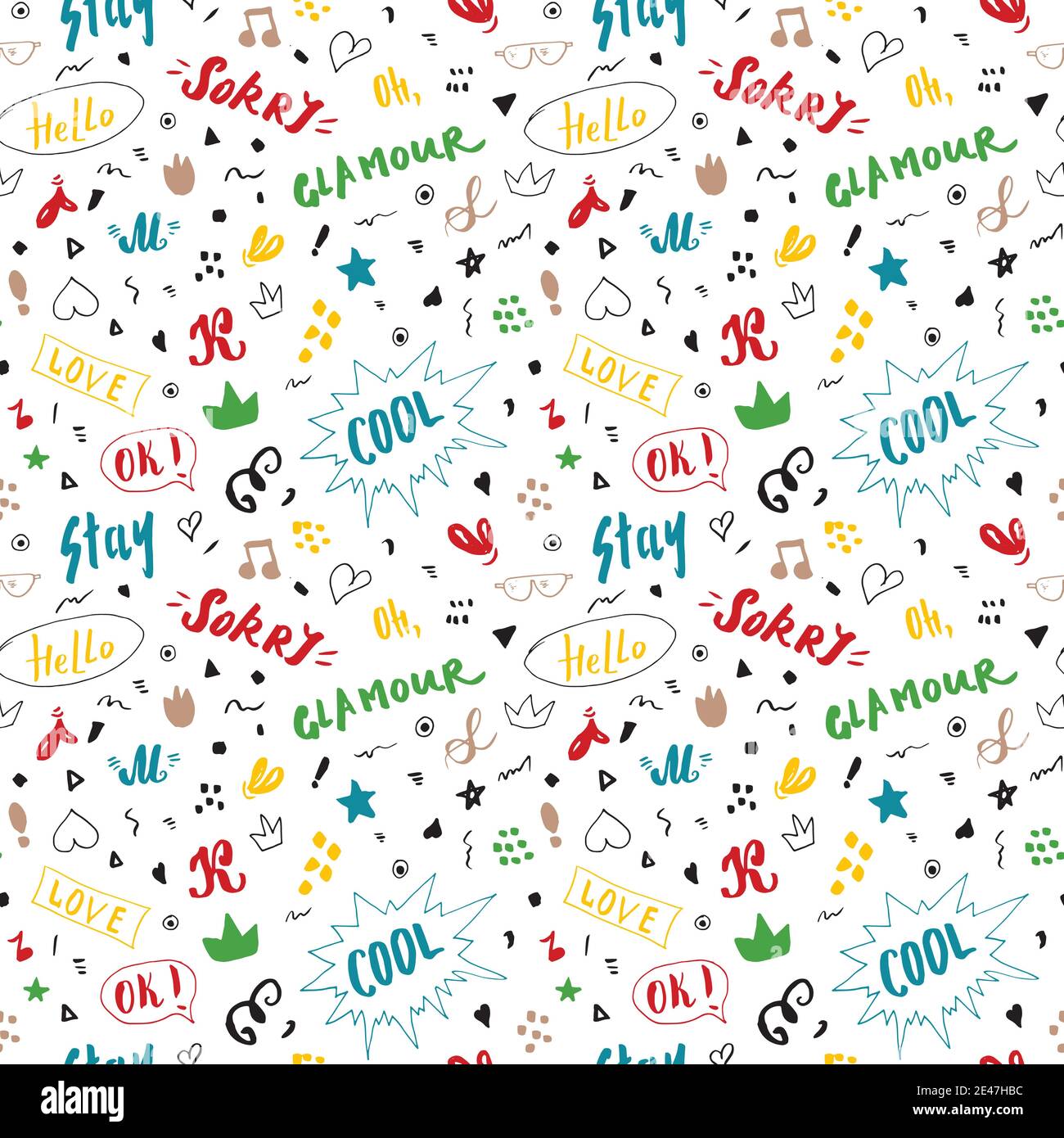 Doodle Seamless Pattern, hand drawn pop art signs and symbols ...