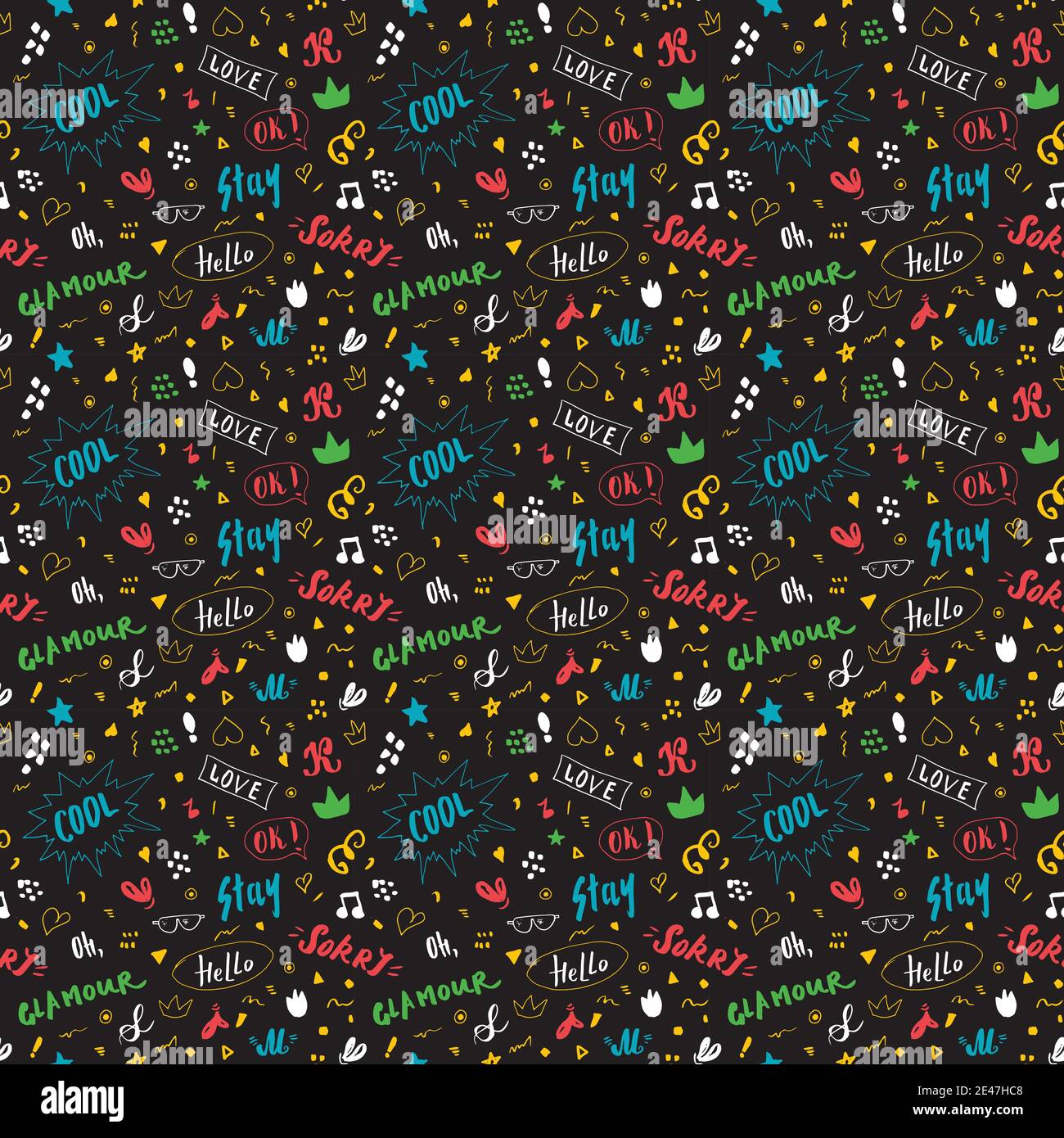 Doodle Seamless Pattern, hand drawn pop art signs and symbols ...