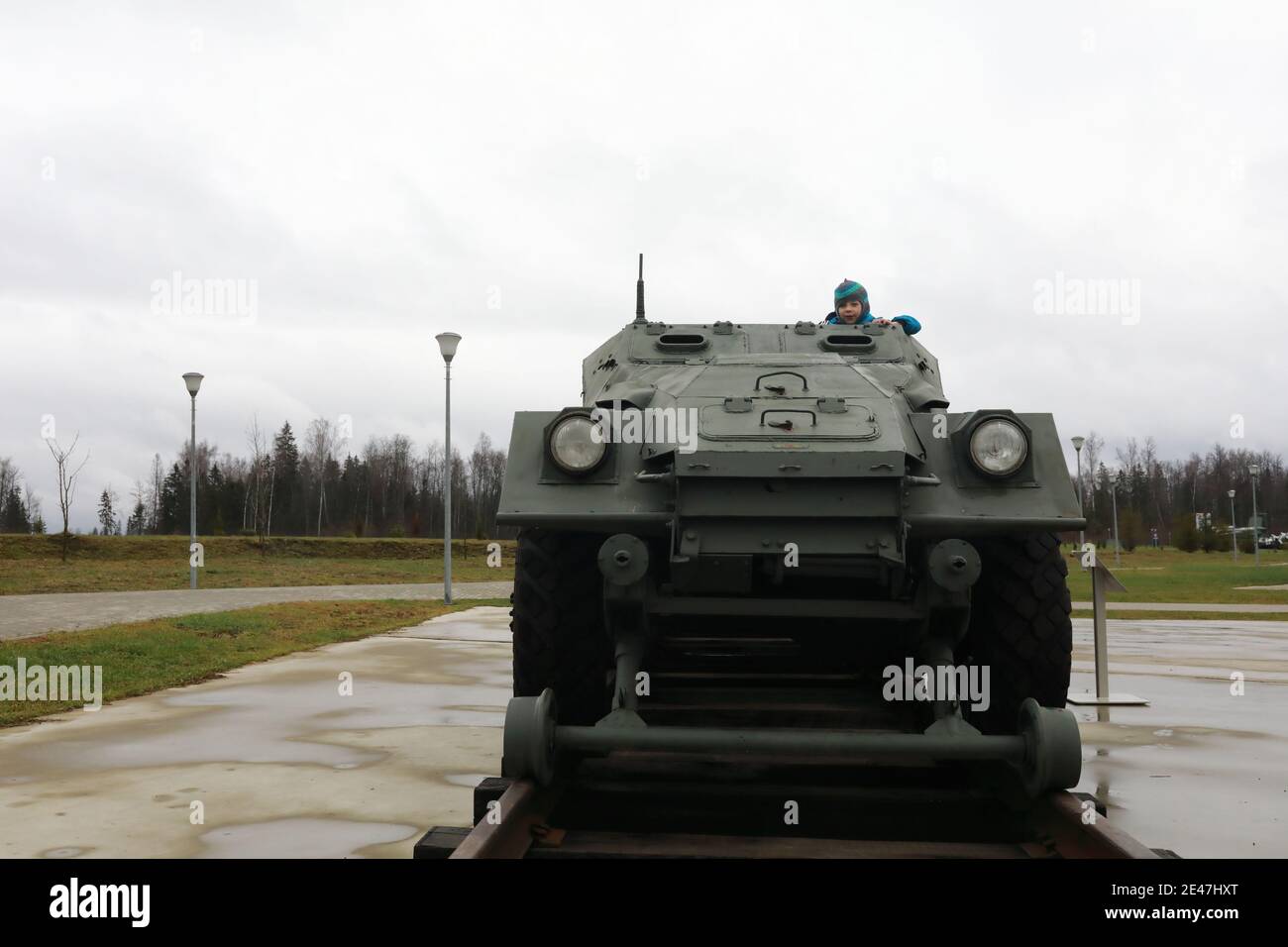 Child on railway armored personnel carrier BTR-40A, Russia Stock Photo ...