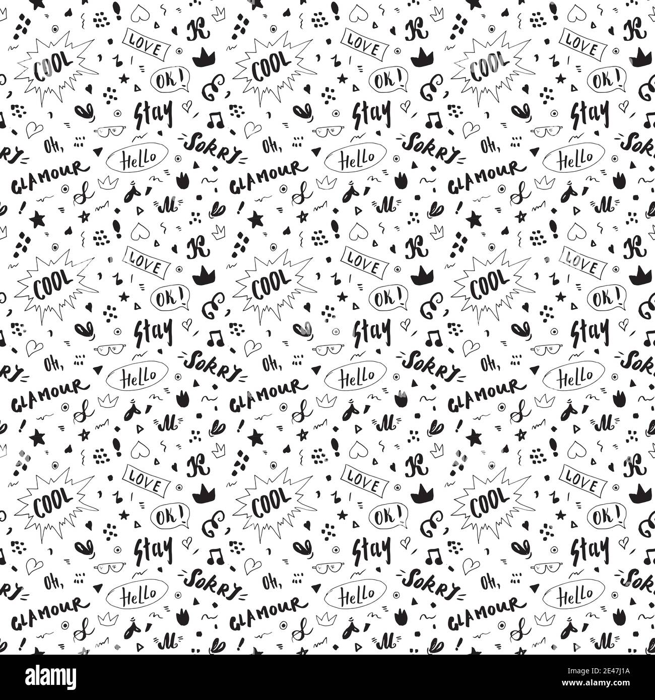 Doodle Seamless Pattern, hand drawn pop art signs and symbols ...