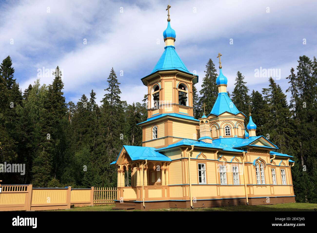 Landscape of wooden orthodox church in forest, Valaam monastery, Russia ...