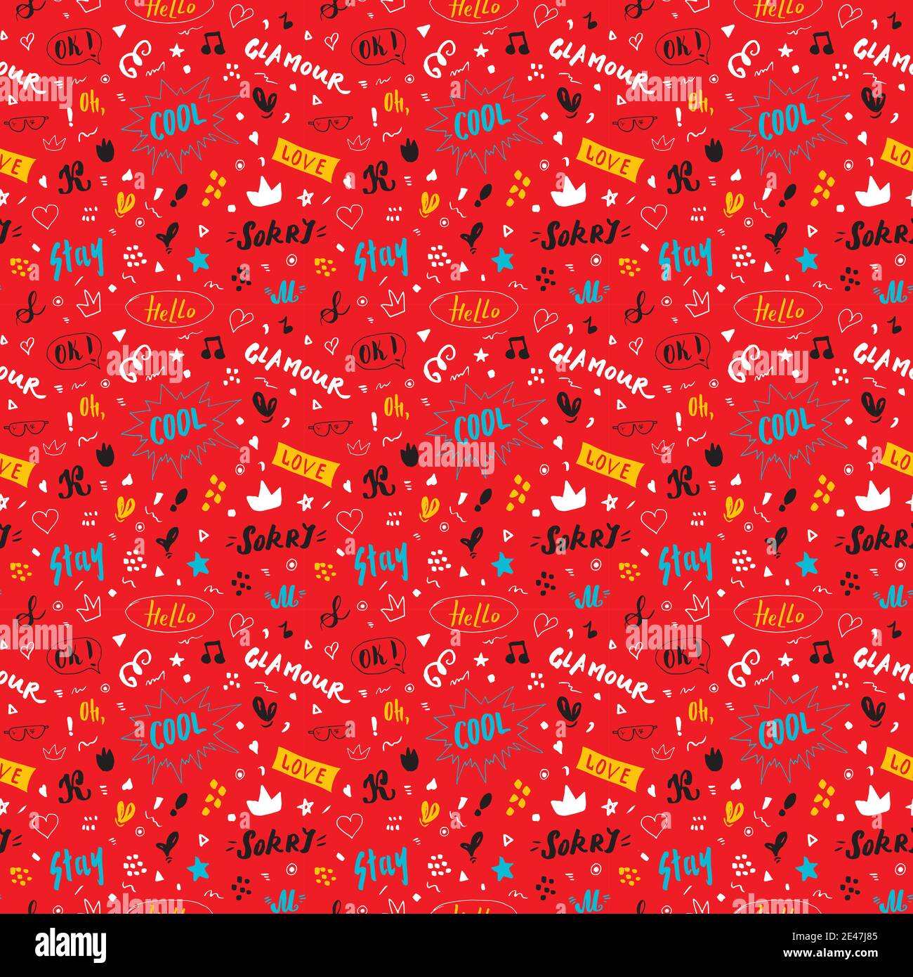 Doodle Seamless Pattern, hand drawn pop art signs and symbols ...