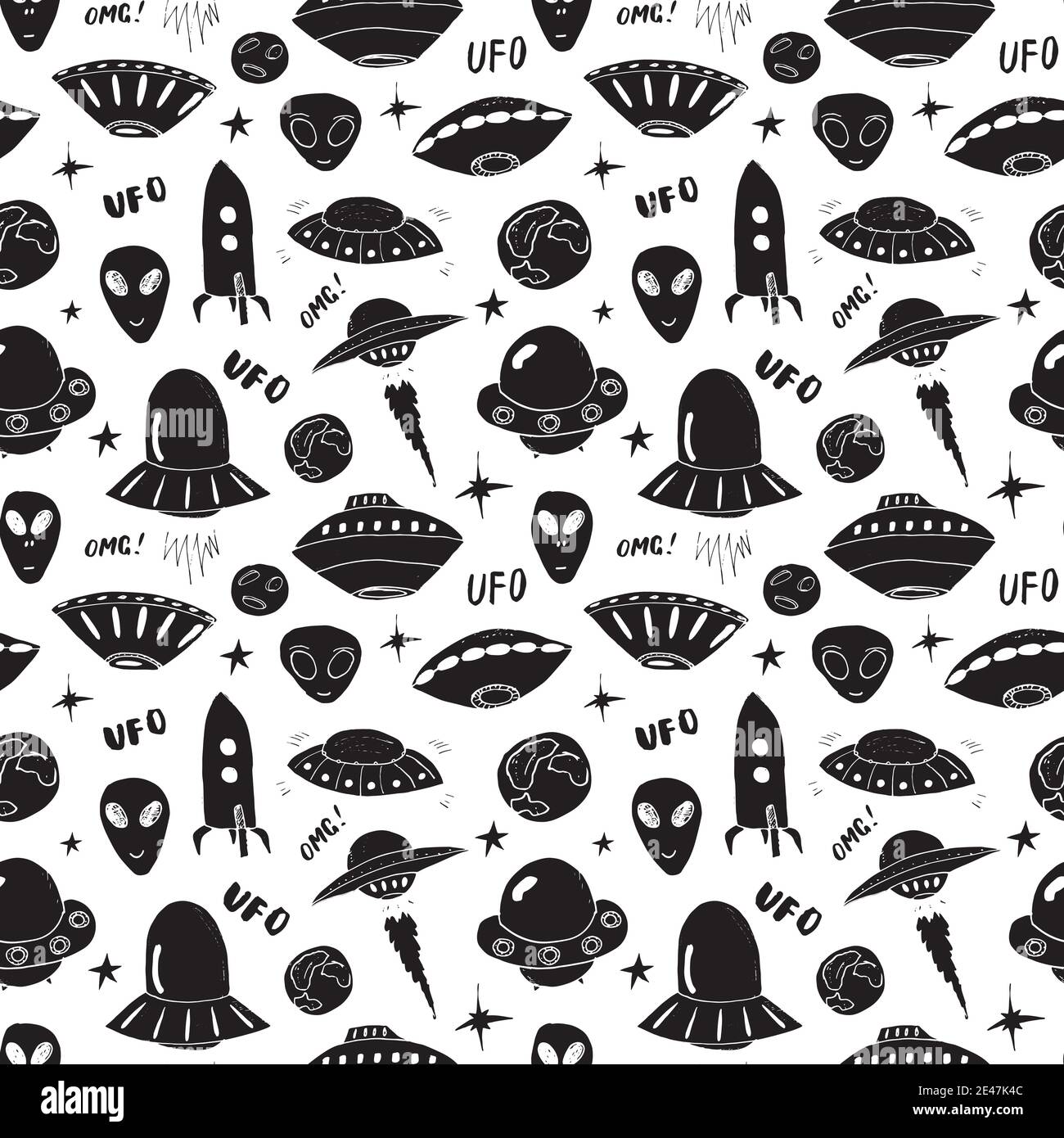 Ufo and aliens Seamless pattern. Cute Doodles space ships sketch. Hand ...