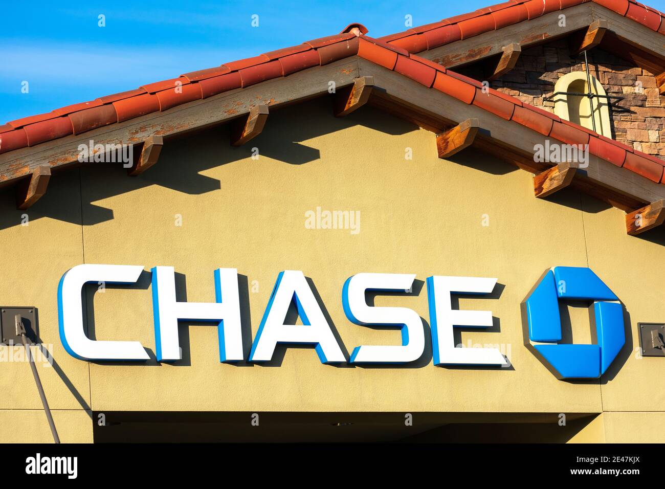 Chase sign and trademark logo on bank local branch. JPMorgan Chase Bank ...